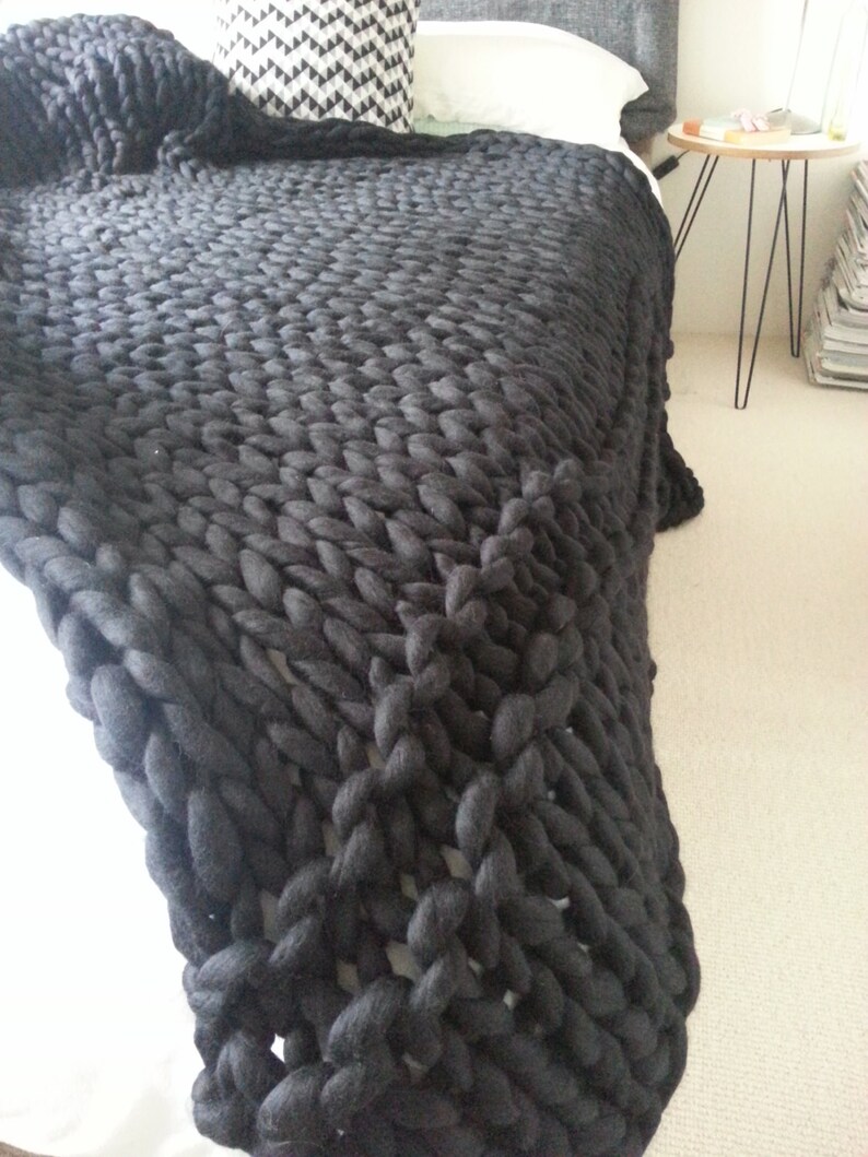 SALE Large Black Blanket. Super Chunky Hand Knitted Australian Merino ...