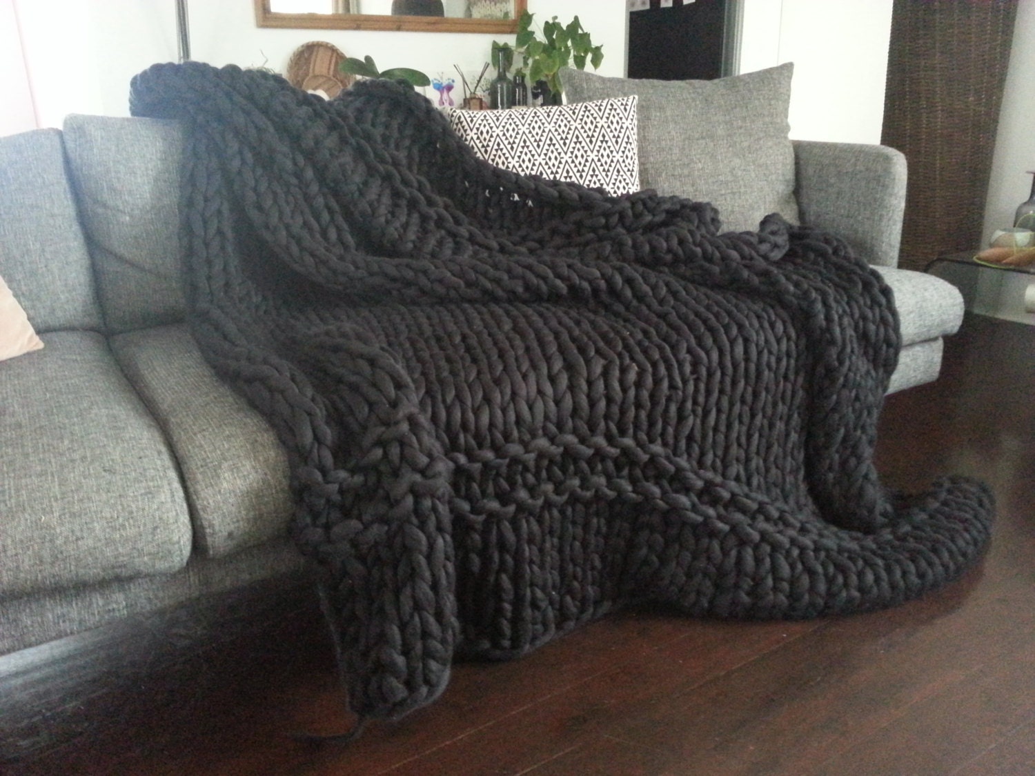 SALE Large Black Blanket. Super Chunky Hand Knitted Australian Merino ...