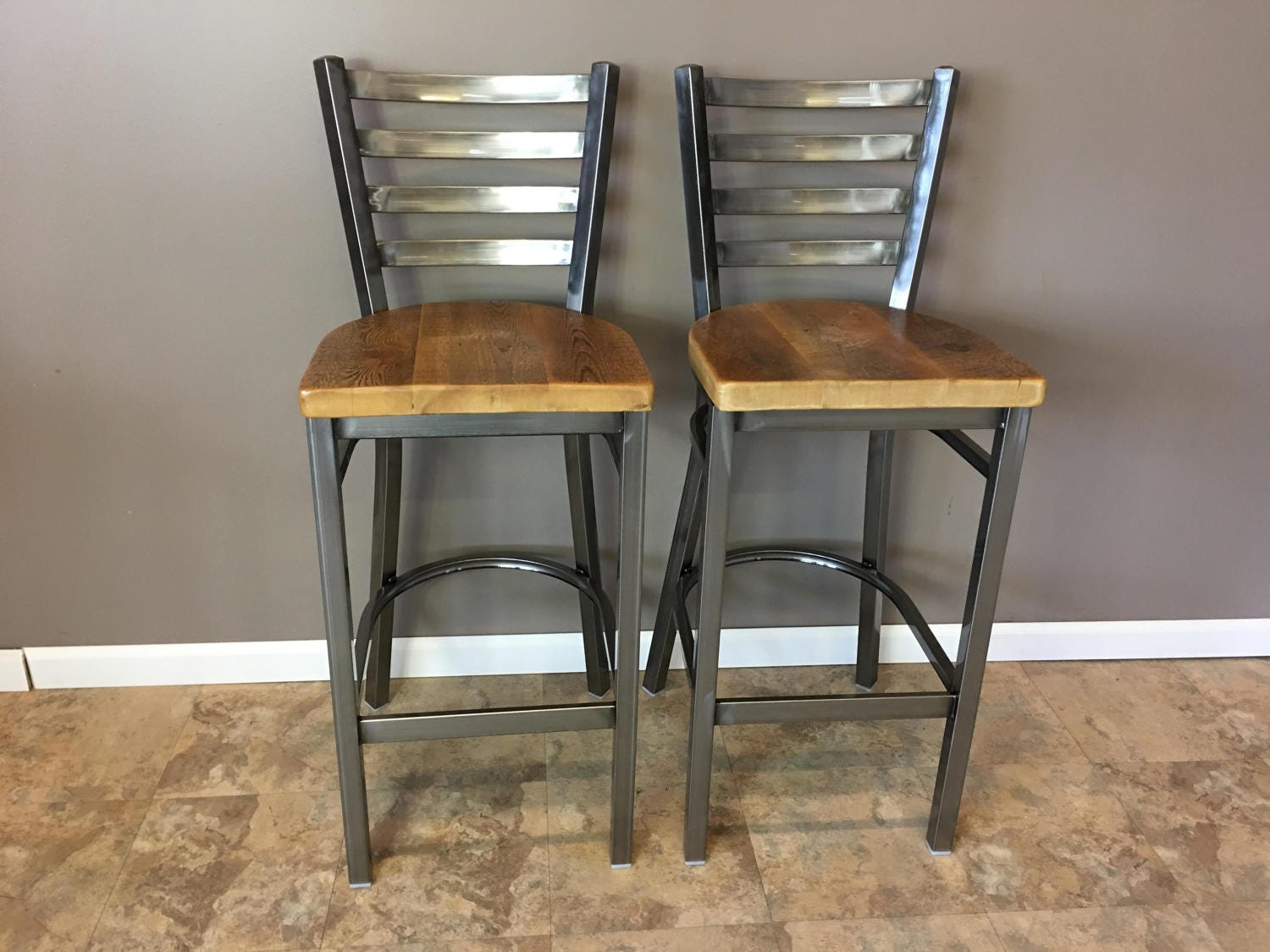 Reclaimed Bar Stool in Gun Metal Gray Metal Finish Ladder | Etsy