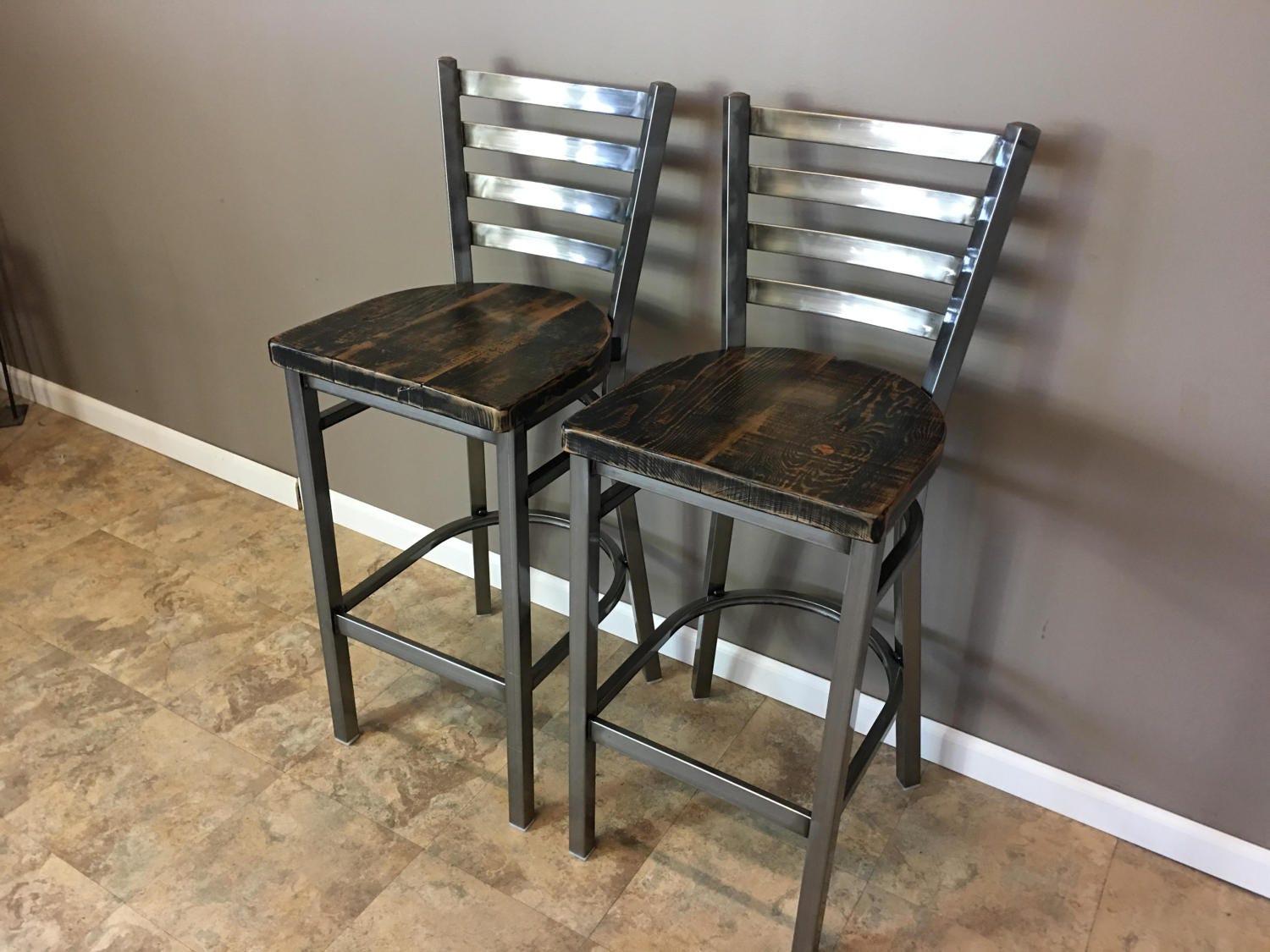 Reclaimed Bar Stool| Set of 3 | in Gun Metal Gray Metal Finish | Ladder ...