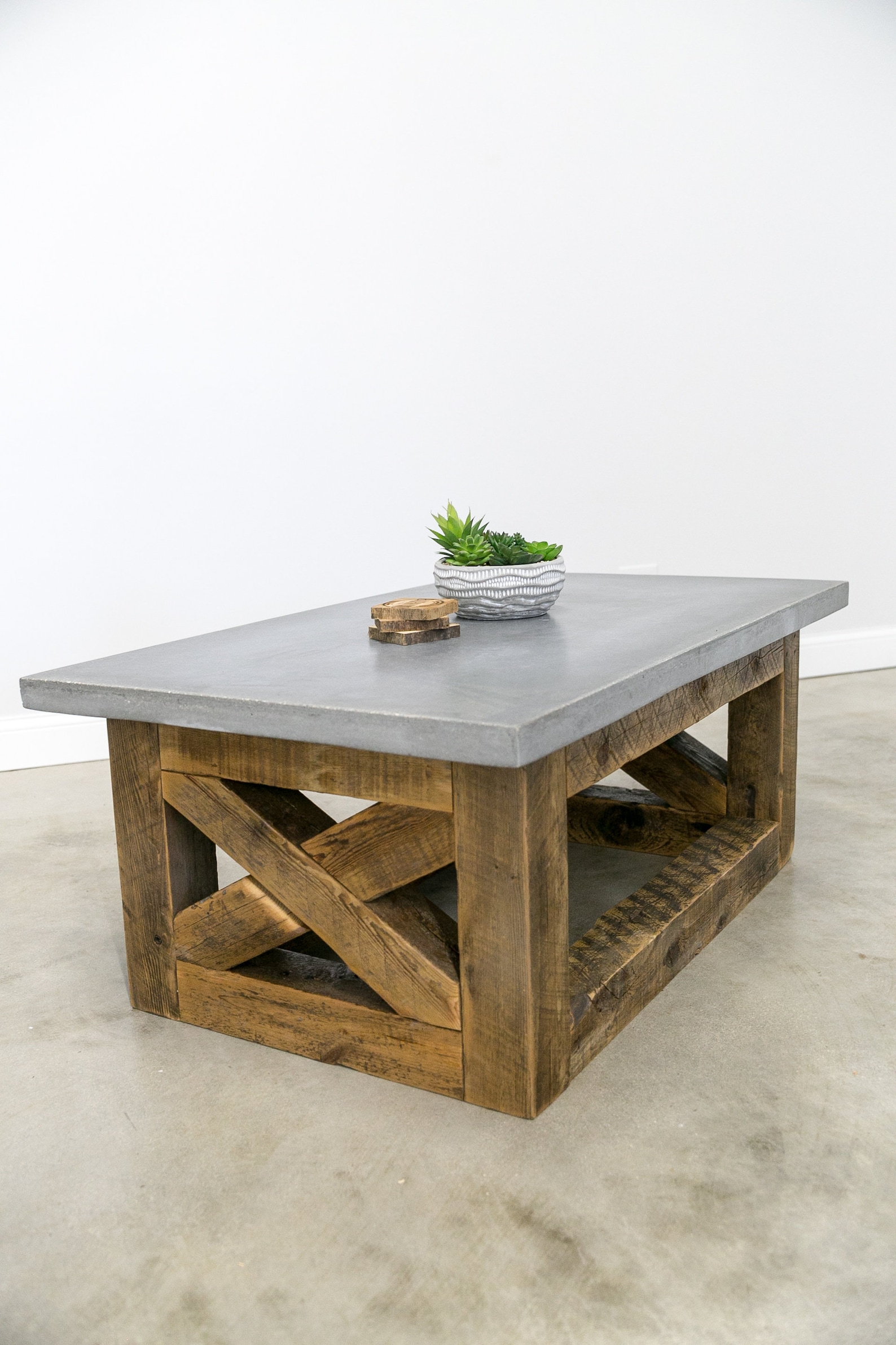 Barn XO Concrete Coffee Table Reclaimed Wood 4x4 Base 2 - Etsy