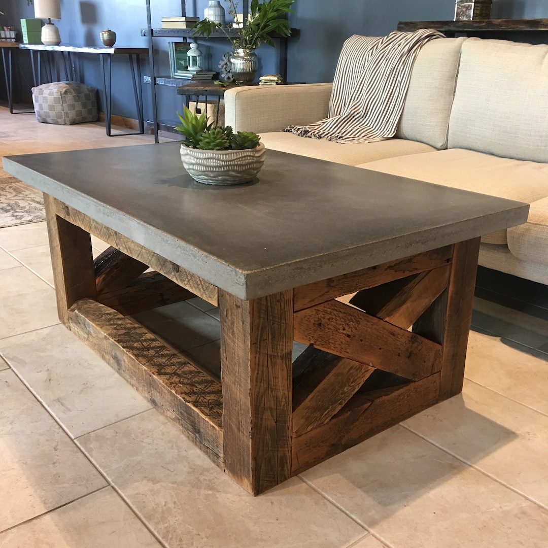 Concrete Coffee Table | Reclaimed Wood Base | 2 Inch Thick Top - Etsy