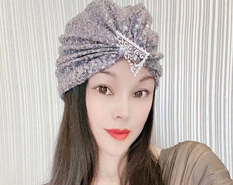 Sequin Fashion Turban, Vintage Turban, Stripped Turban Hat, Beaded ...
