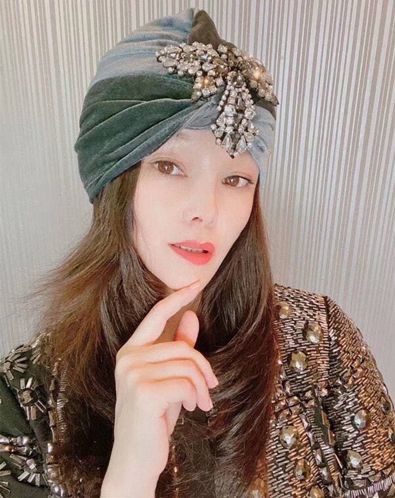Grey Velvet Jewel Turbanwomen Fashion Turbanpersonalized - Etsy
