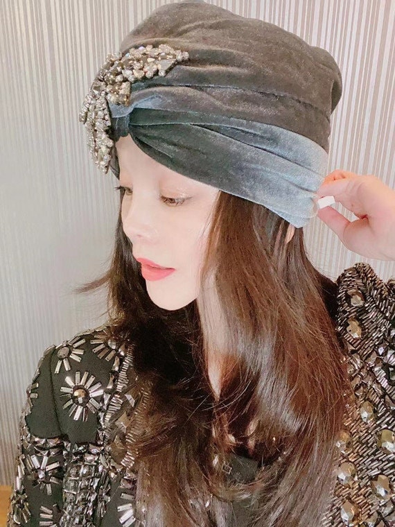 Grey Velvet Jewel Turbanwomen Fashion Turbanpersonalized - Etsy