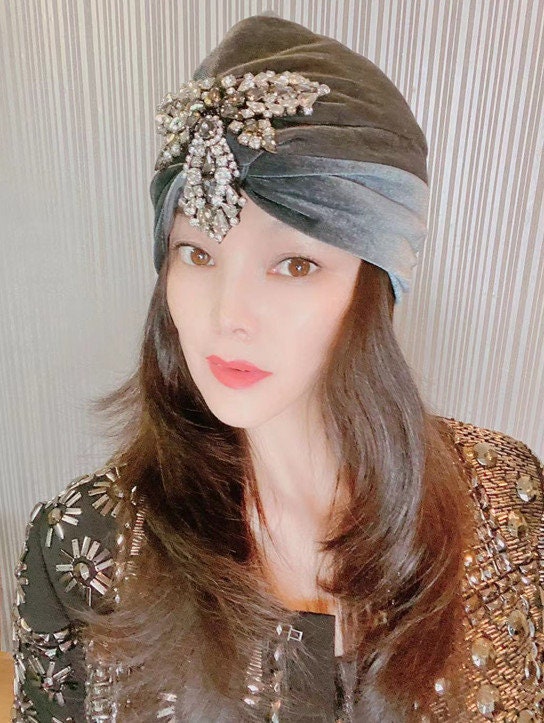 Grey Velvet Jewel Turbanwomen Fashion Turbanpersonalized - Etsy