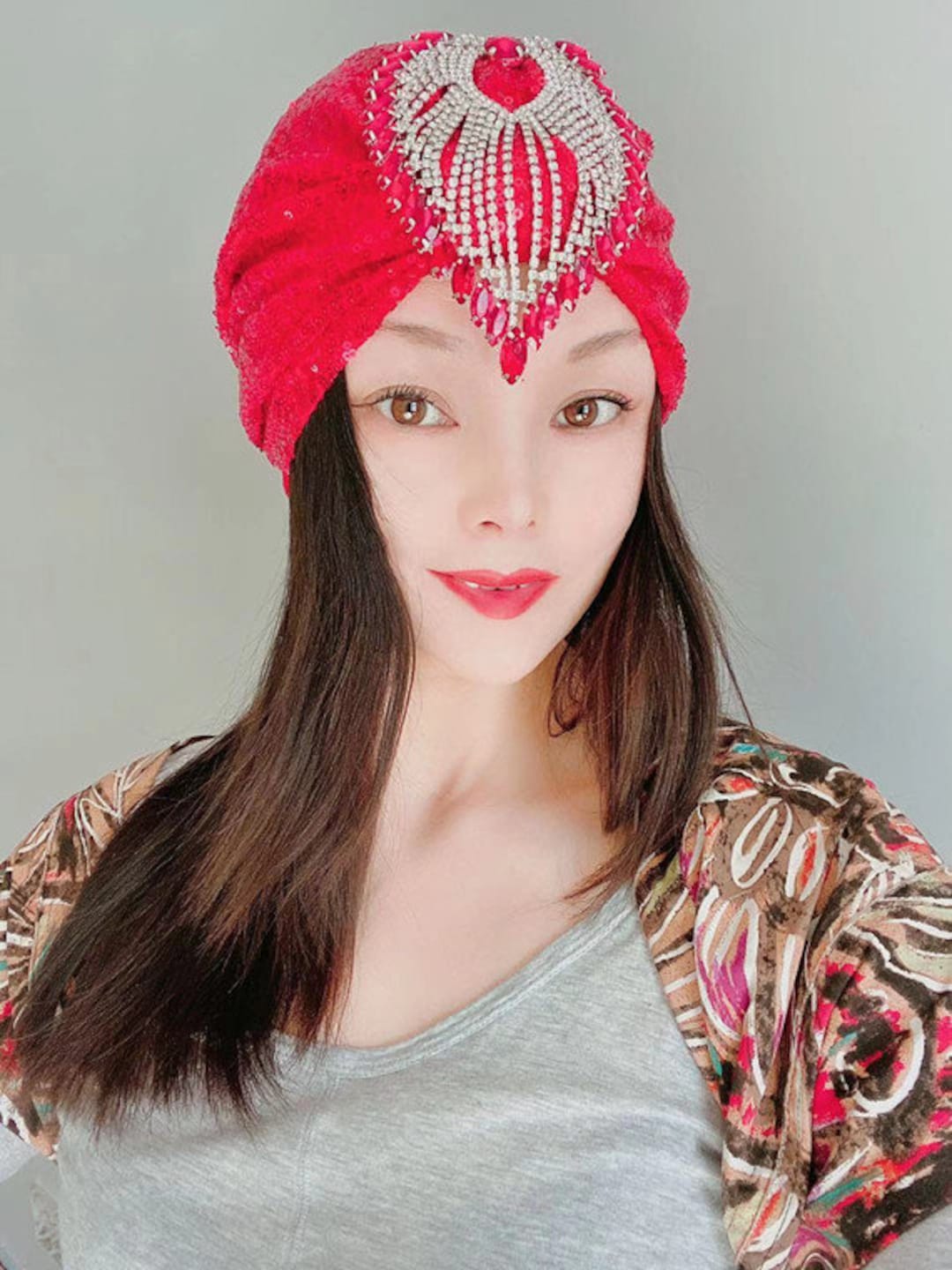 Red Alloy Rhinestones Jewel Tassel Decoration Sequin Turban,vintage ...