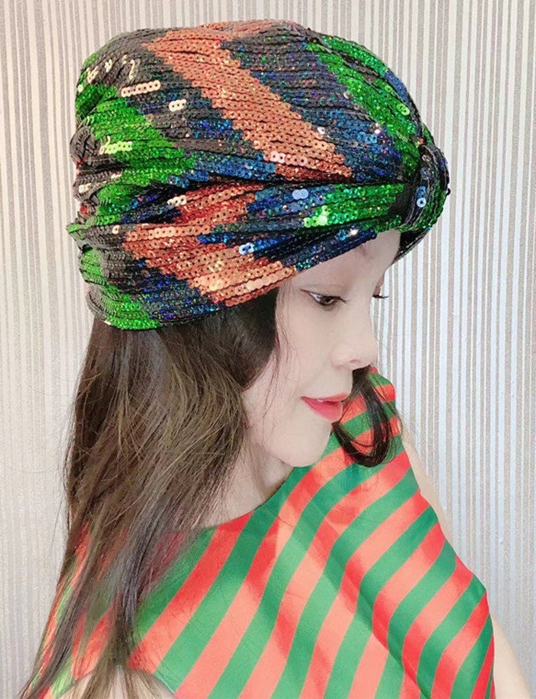Sequin Fashion Turban, Vintage Turban, Stripped Turban Hat, Beaded ...