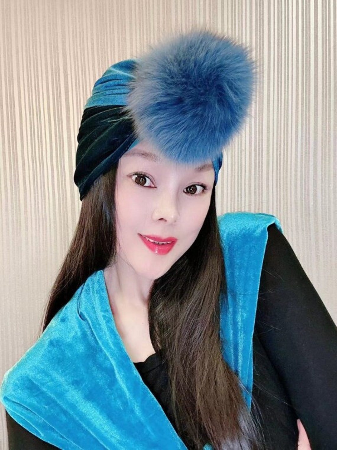 Fox Fur Ball Stretch Velvet Turban,wedding Fashion Turban, Vintage ...