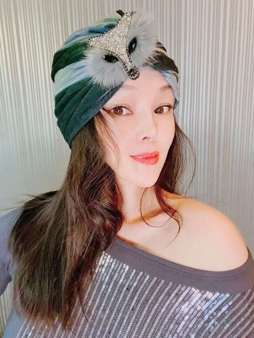 Grey Velvet Fox Jewel Turban,women Fashion Turban,personalized Gifts ...