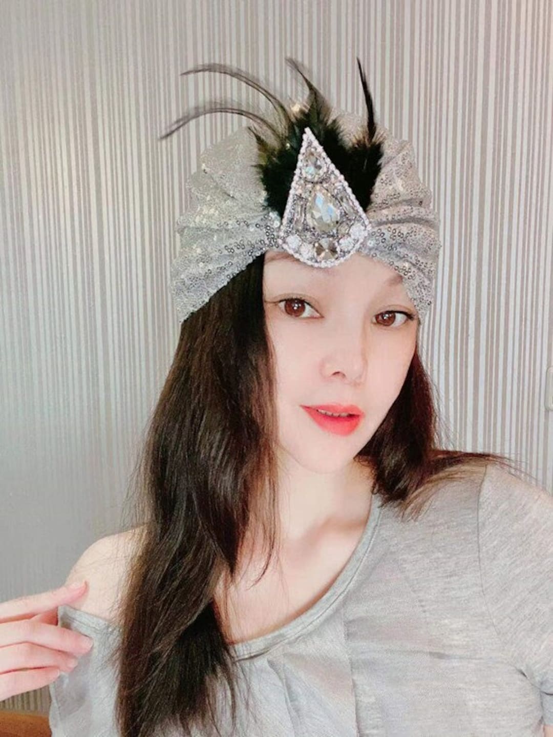 Silver Ostrich Feather Jewel Sequins Turban,women's Fashion Turban ...