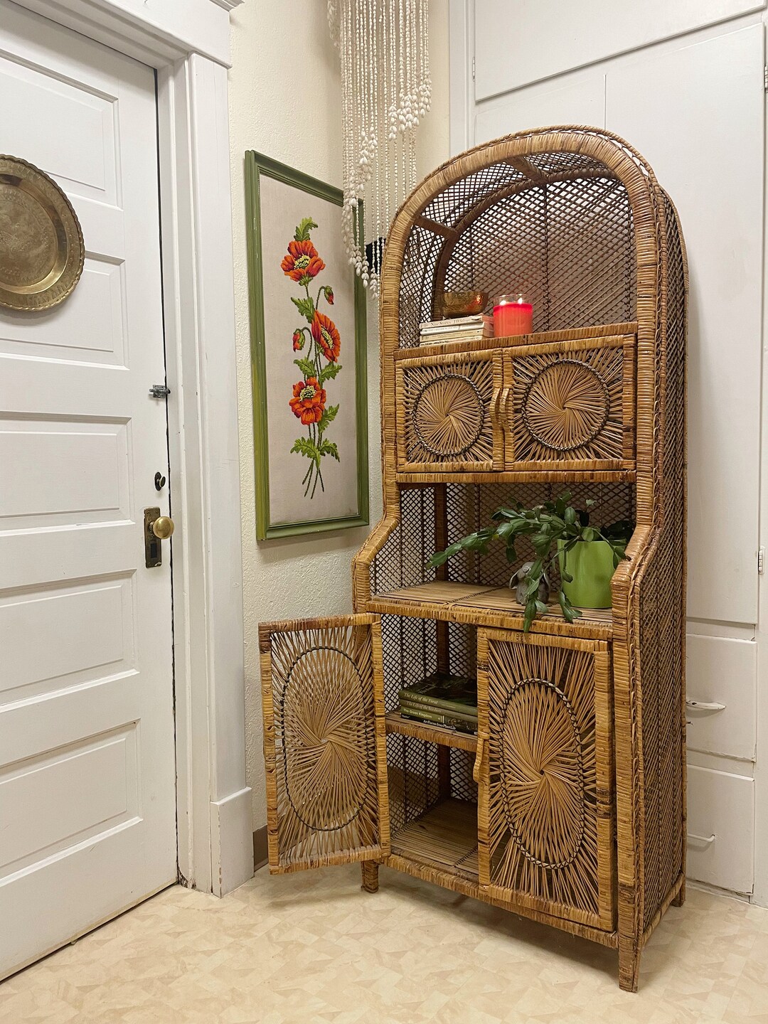 Vintage Wicker Hutch/tall Arched Wicker Shelves Cabinet - Etsy