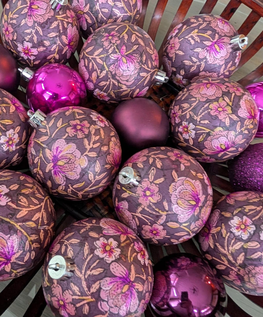 Set of 6 Decoupaged Floral Christmas Baubles With Hand Painted Details ...