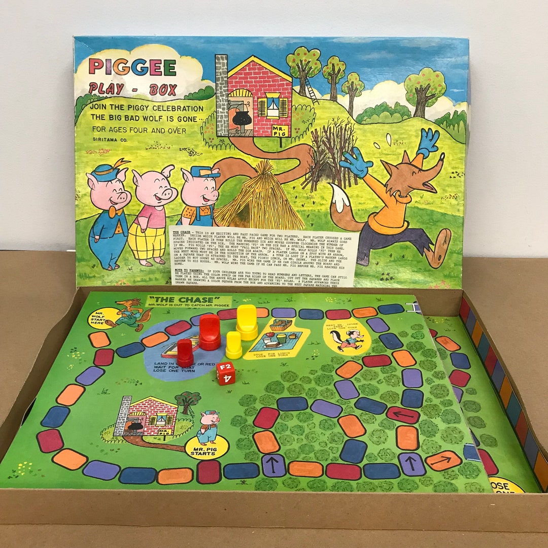 Rare Vintage Piggee Play Box Piggy Game Three Little Pigs Big Bad Wolf ...