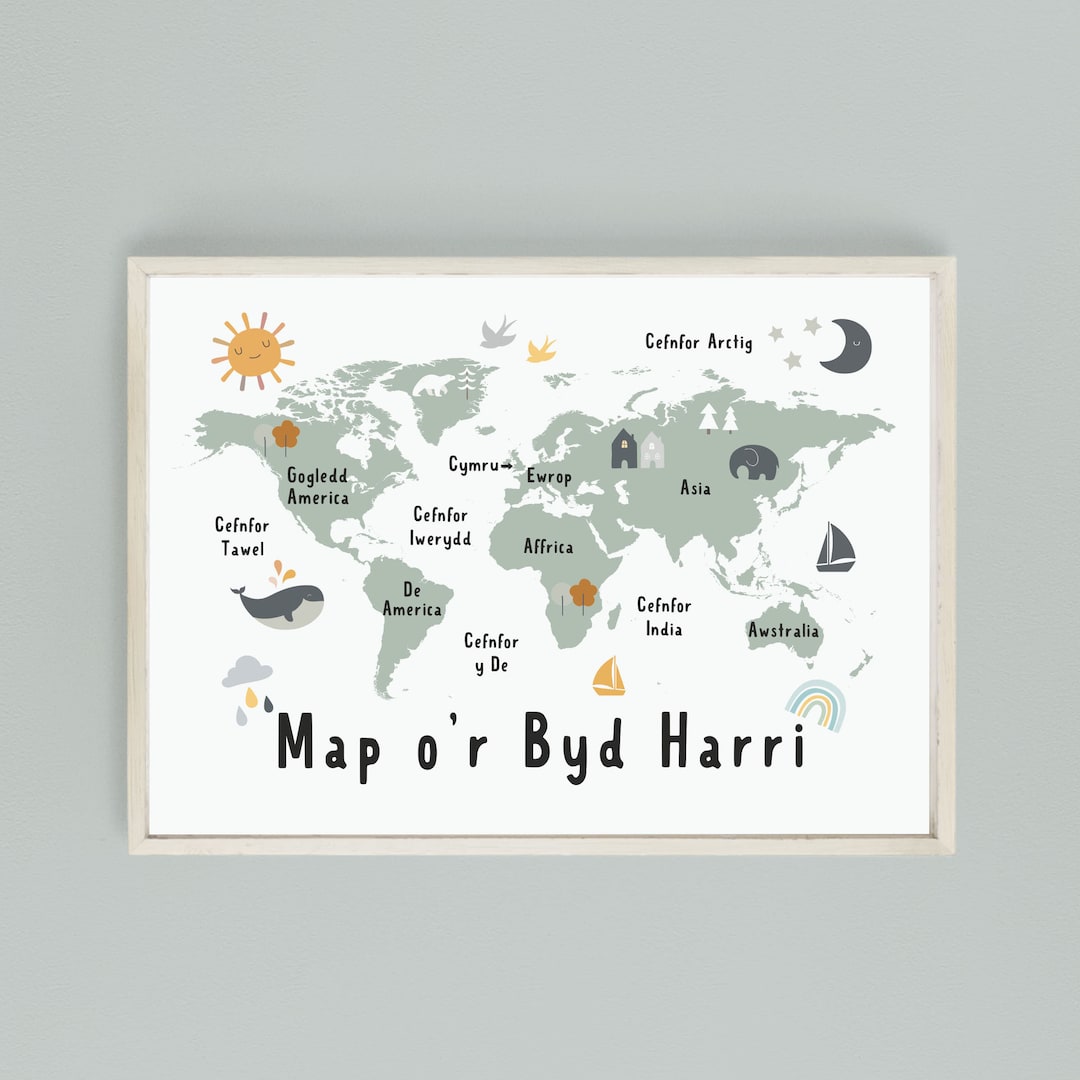 Personalised Welsh World Map Print, Print Map O'r Byd, Cymraeg, Map O'r ...