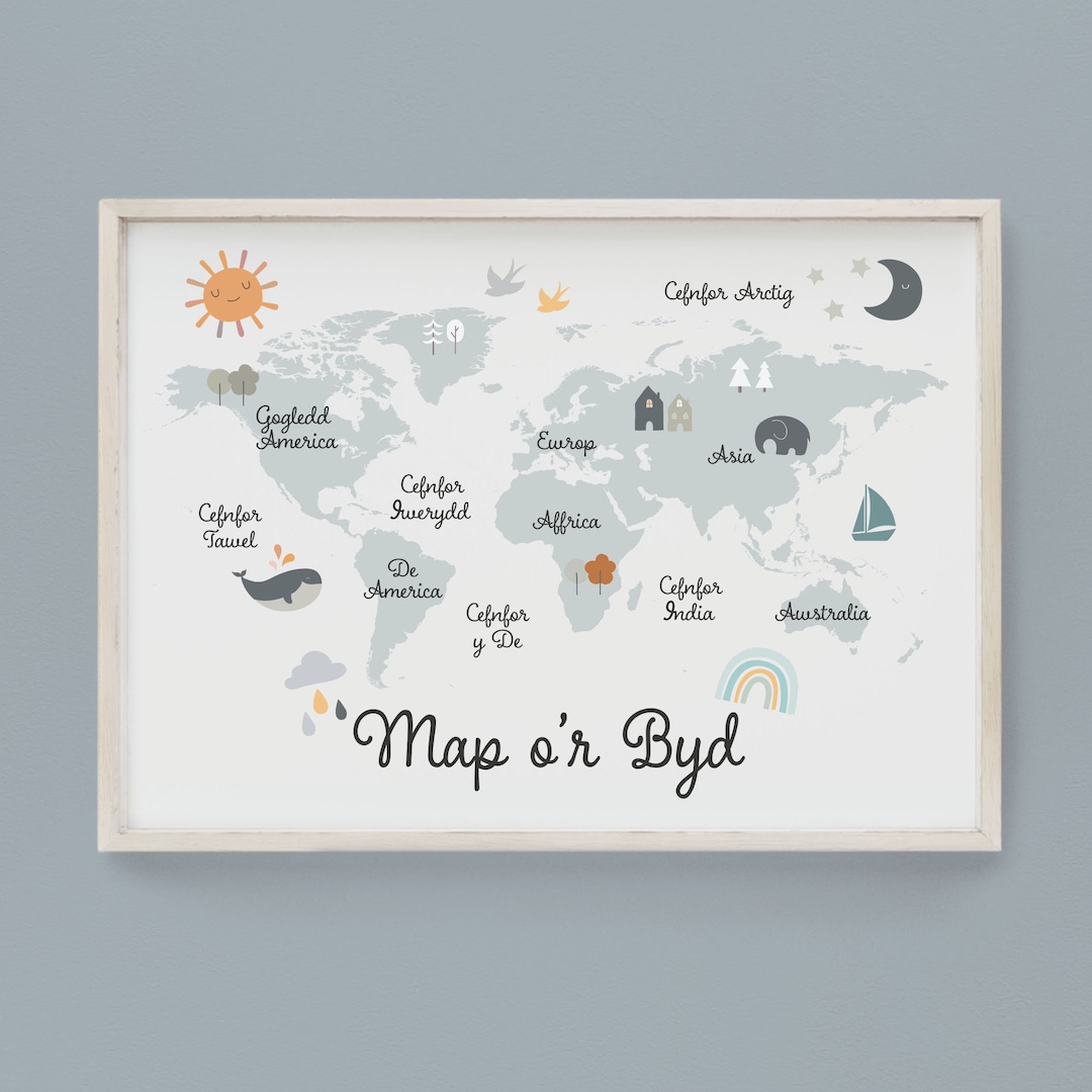 Welsh World Map Print, Print Map O'r Byd, Cymraeg, Prints Cymraeg ...