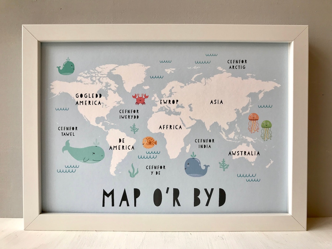 Blue Welsh World Map Print, Print Map O'r Byd, Cymraeg, Personalized ...