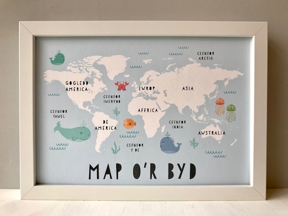 Blue Welsh World Map Print Print Map O'r Byd Cymraeg | Etsy
