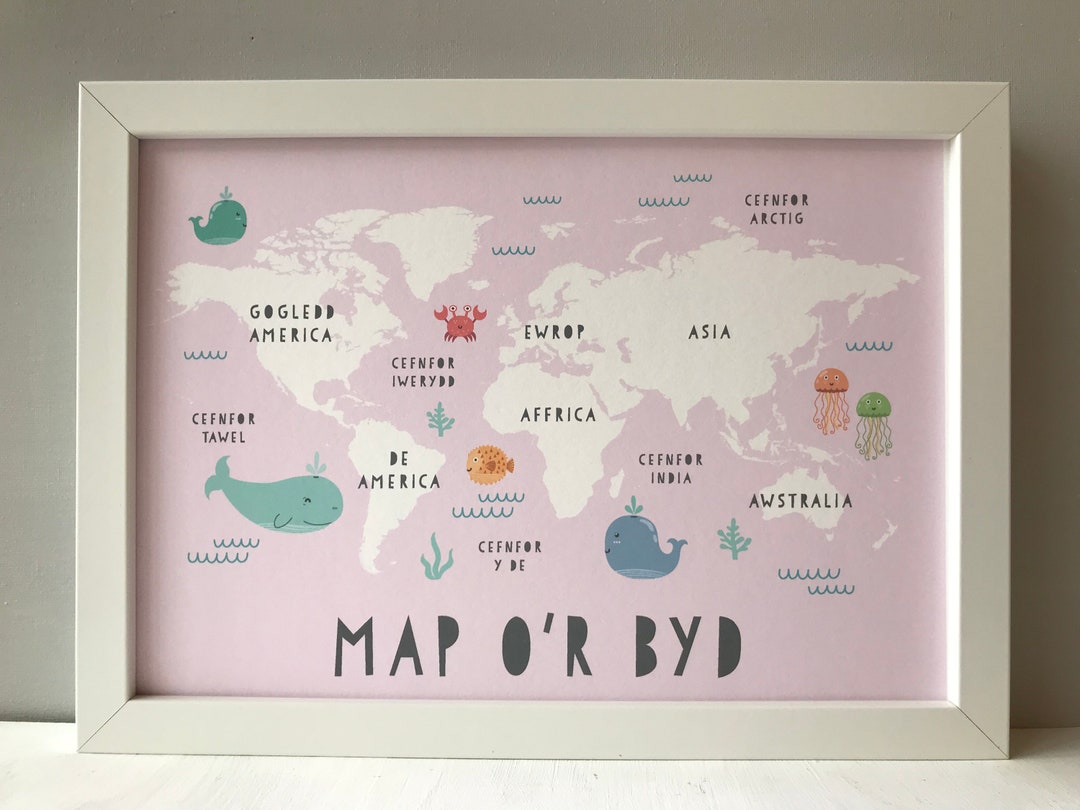 Welsh Pink World Map Print, Print Map O'r Byd, Cymraeg, Personalized ...