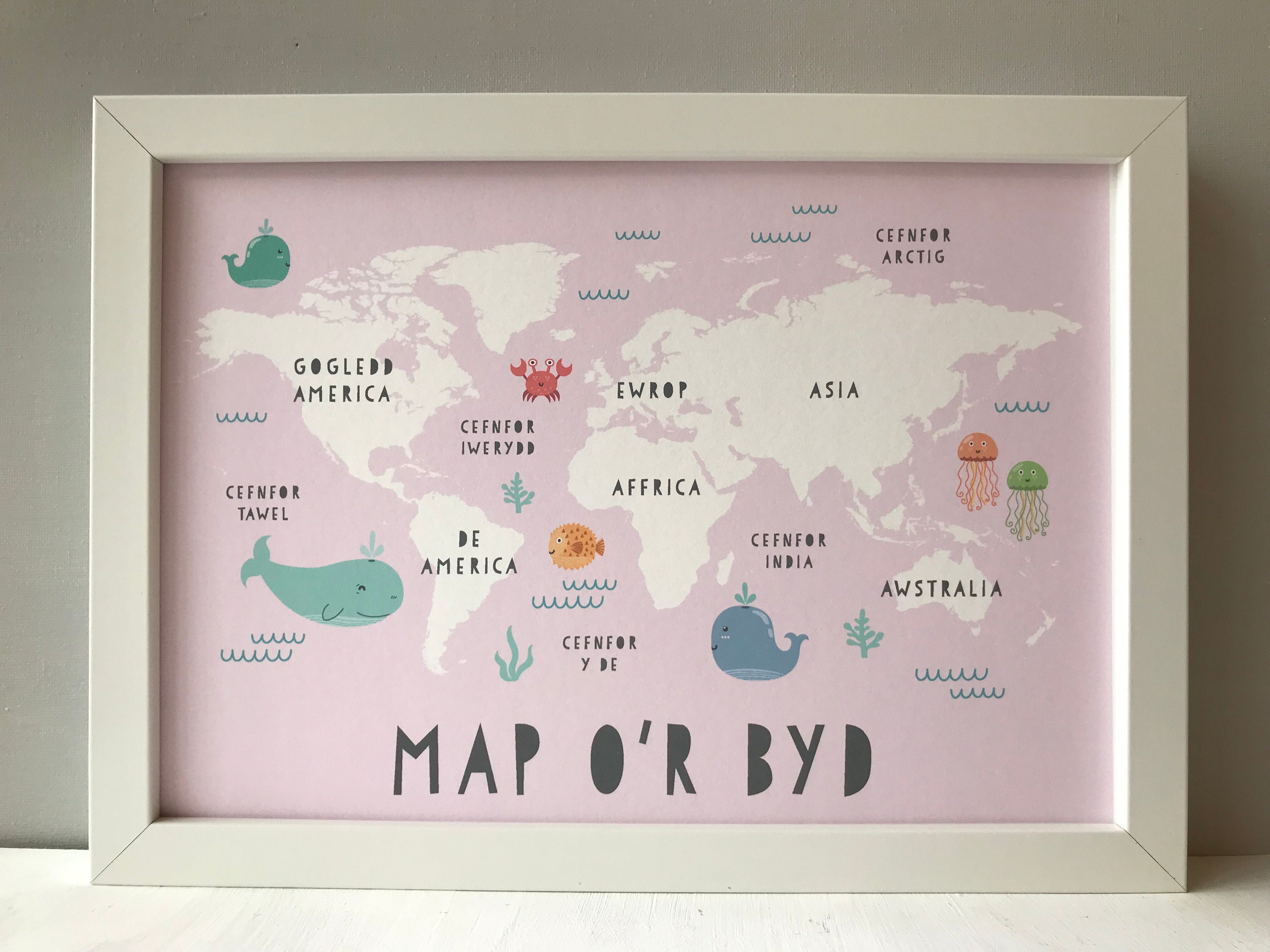 Welsh Pink World Map Print Print Map O'r Byd Cymraeg | Etsy