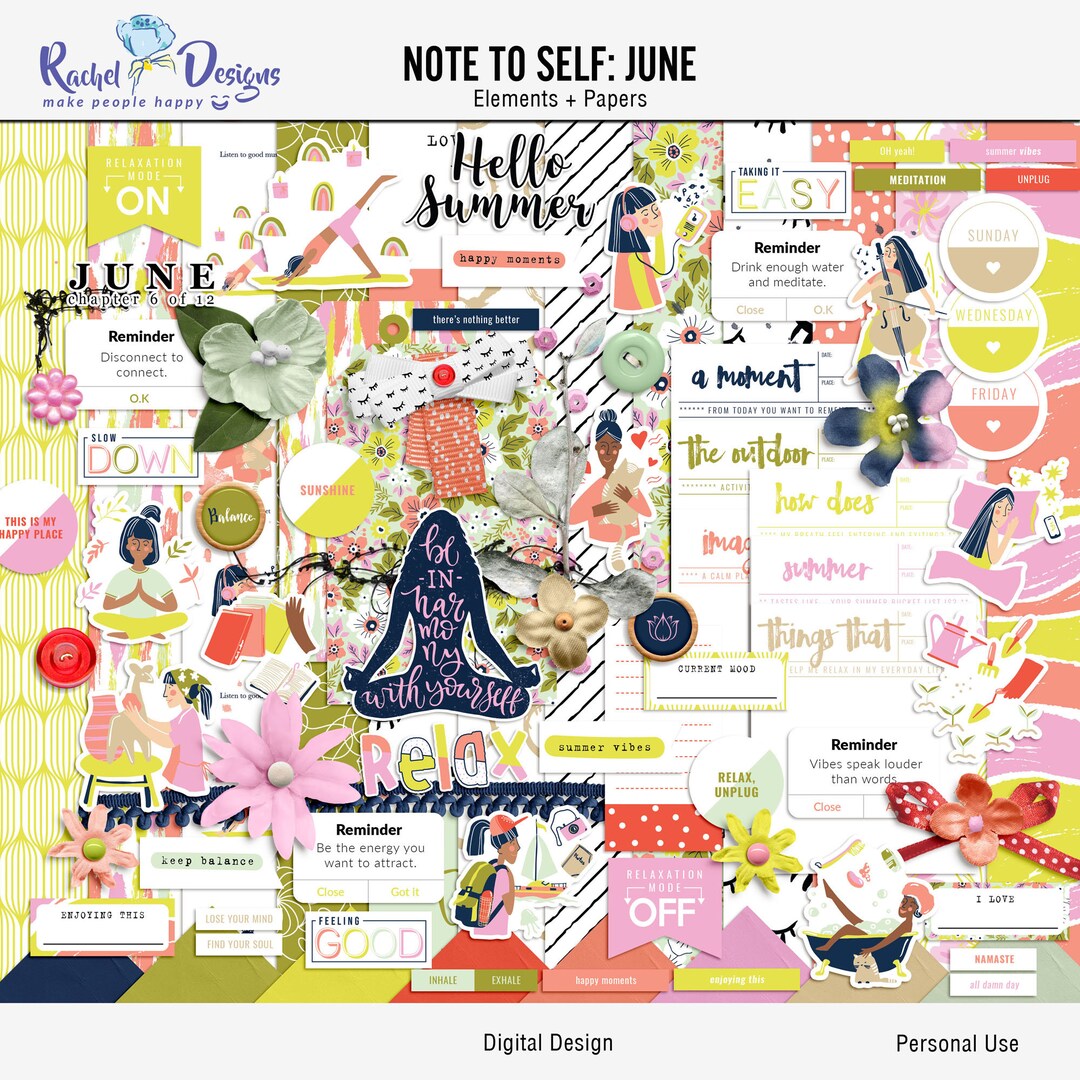 Note to Self June Digital Scrapbooking Kit, Summer Printable Pattern ...