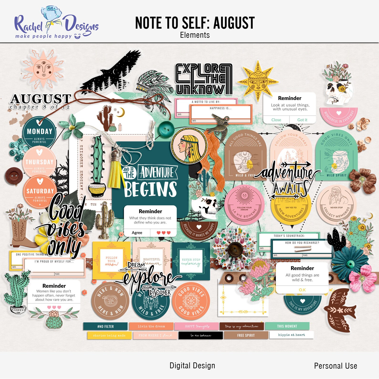 Note to Self August Digital Scrapbooking Kit, Free Spirit Printable ...