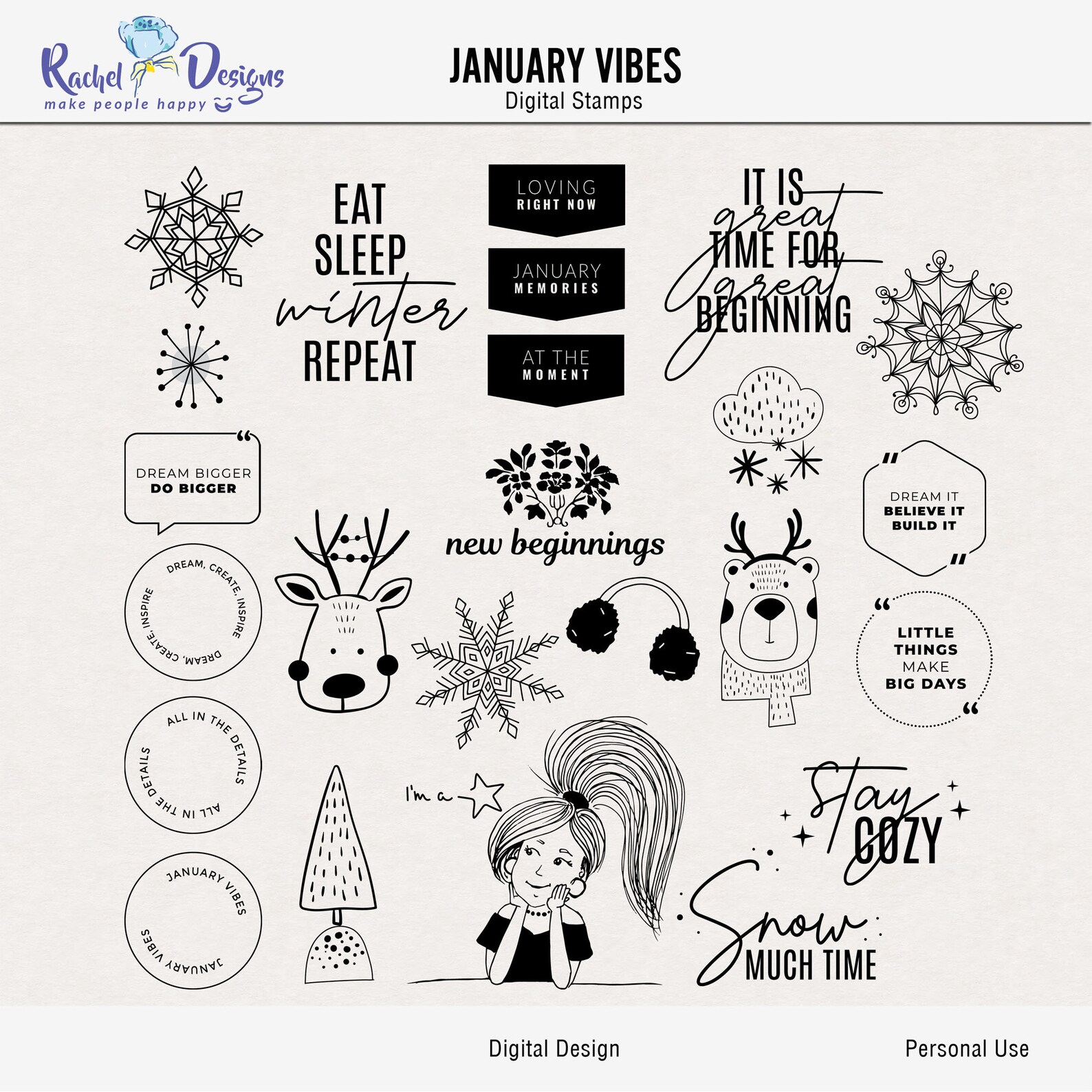 January Vibes Digital Stamps and Brushes, Digital January Craft Stamps ...