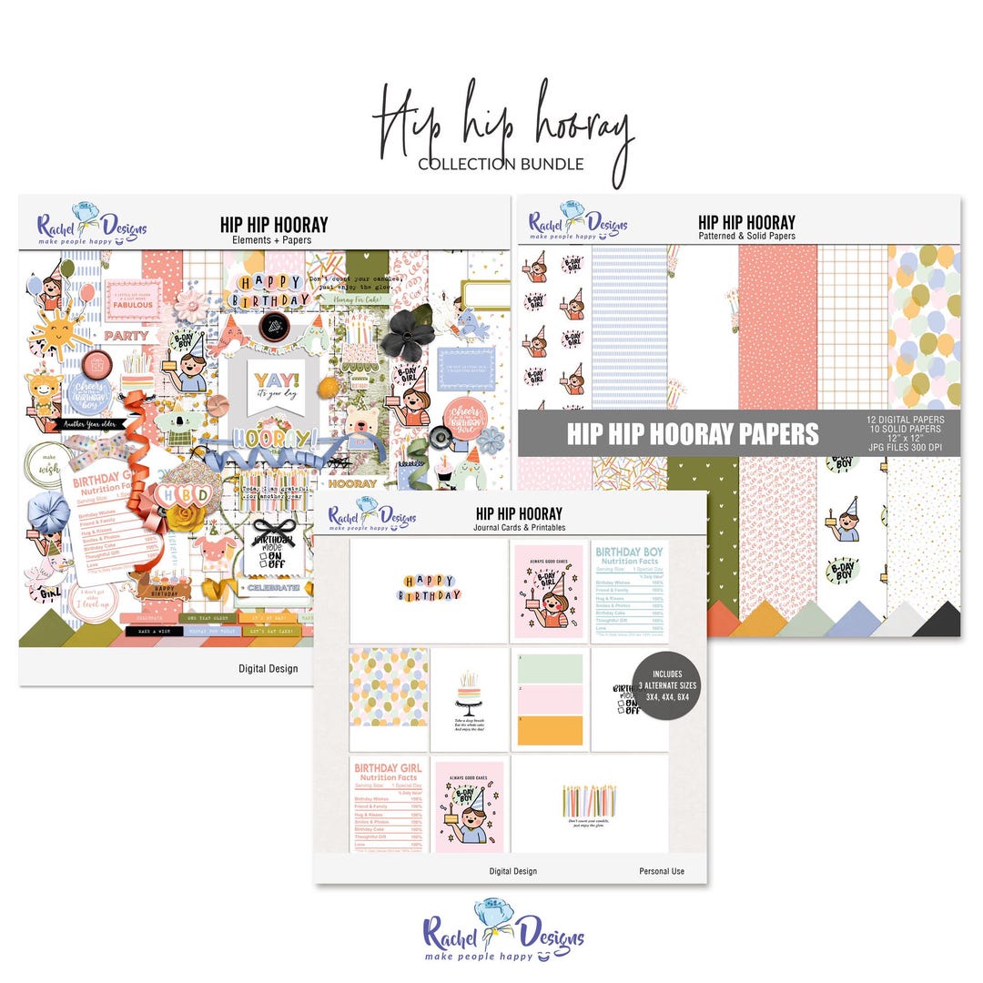 Hip Hip Hooray Digital Scrapbook Collection, Birthday Digital Elements ...