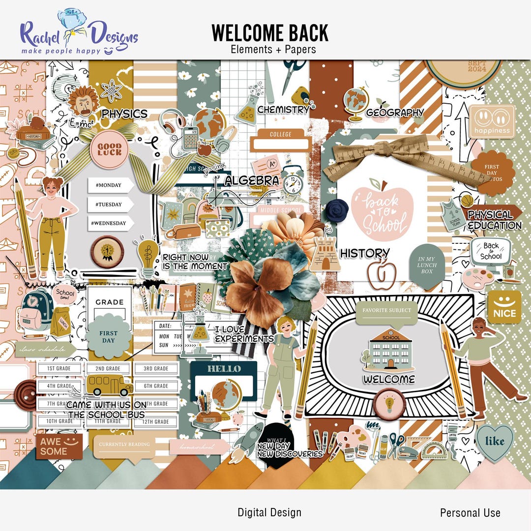 Welcome Back Digital Scrapbooking Kit, Digital School Elements and ...
