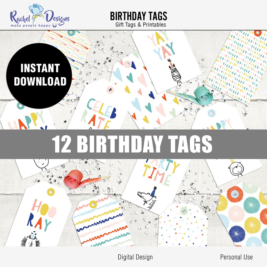 Printable Birthday Tags, Digital Birthday Tags, Scandinavian Style B ...