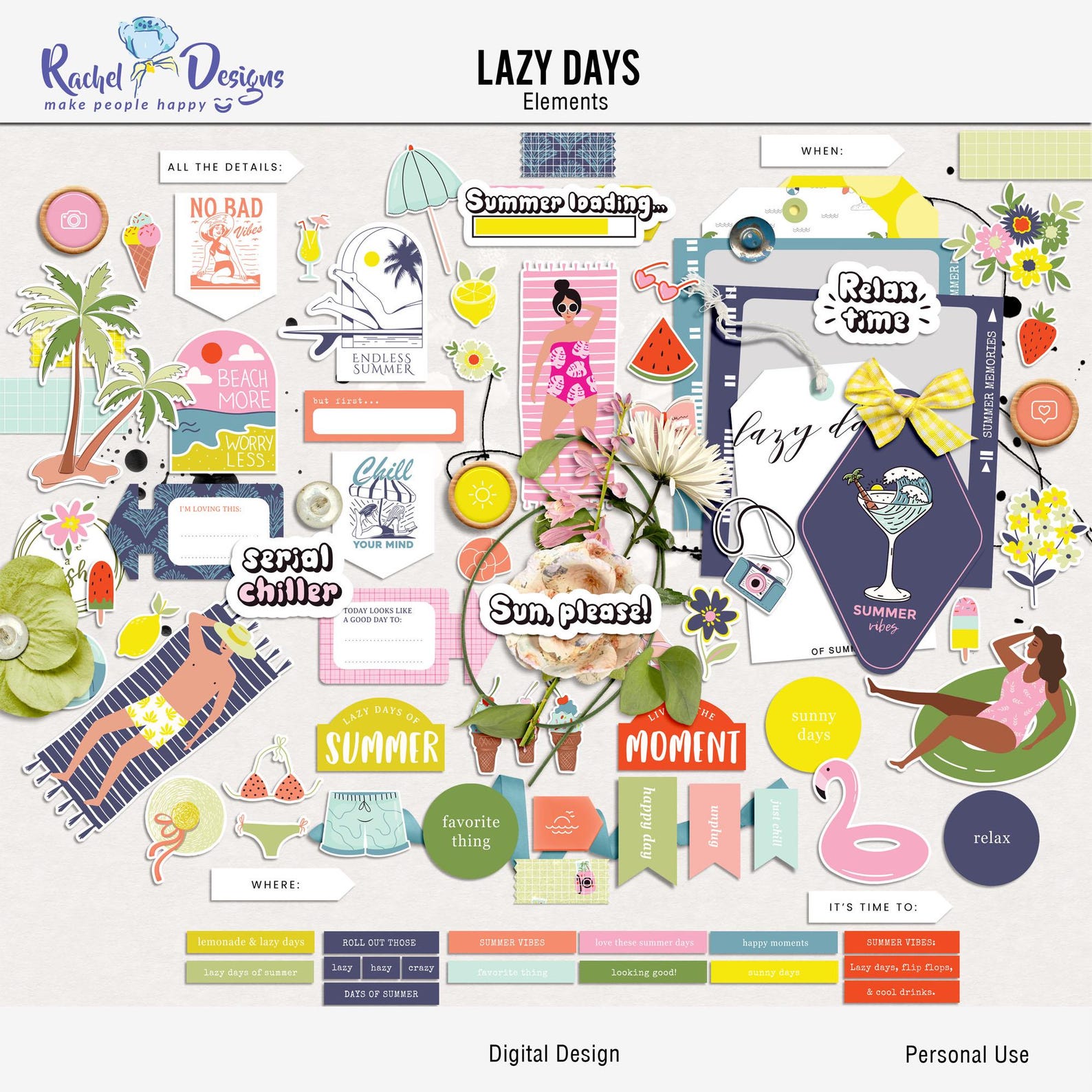 Lazy Days Digital Scrapbooking Collection, Summer Digital Elements and ...