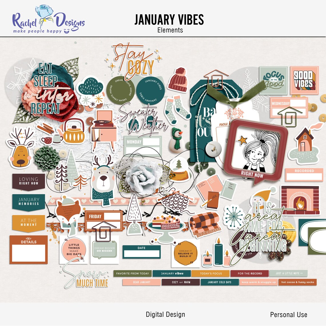 January Vibes Digital Scrapbook Collection, January Digital Elements ...