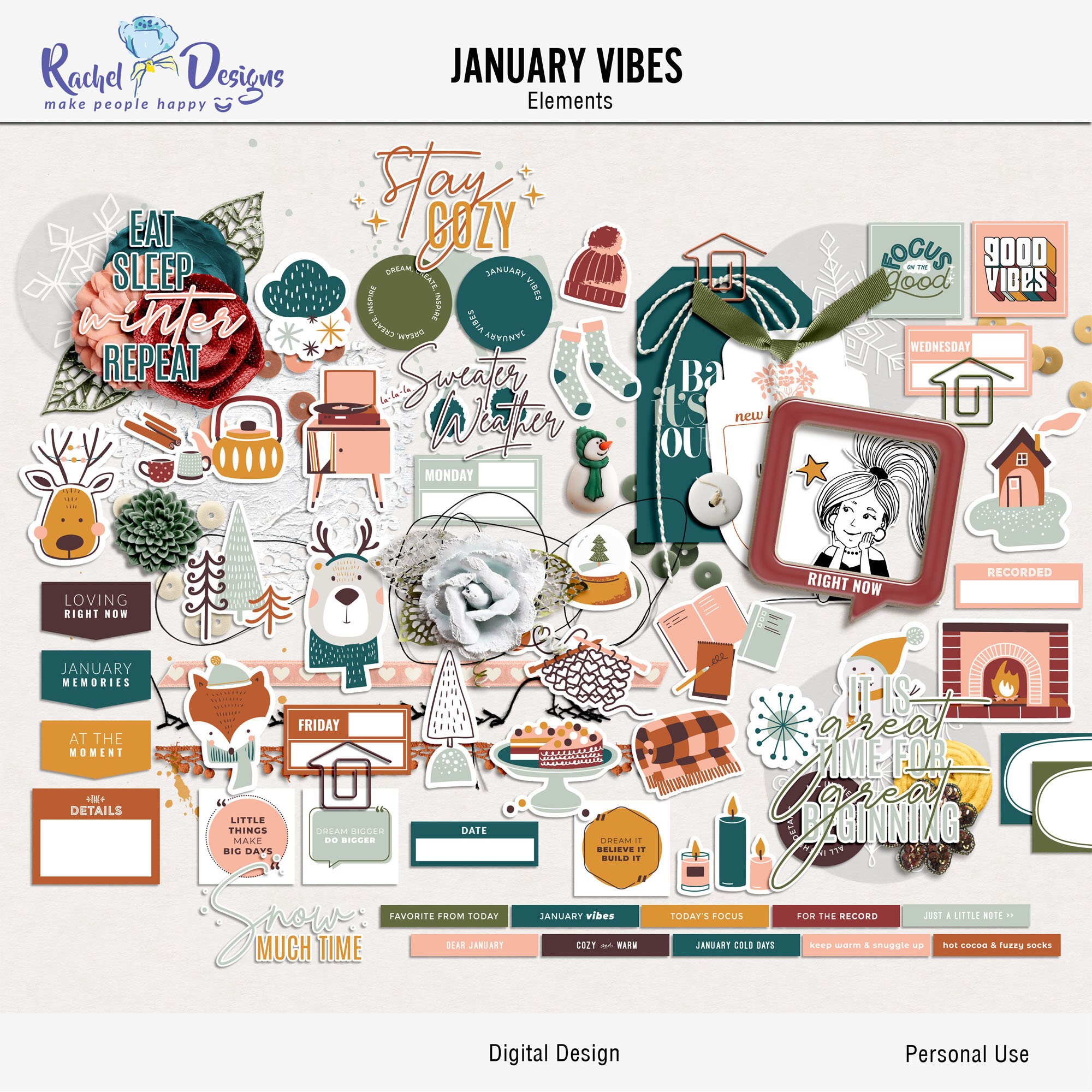 January Vibes Digital Scrapbook Collection, January Digital Elements ...