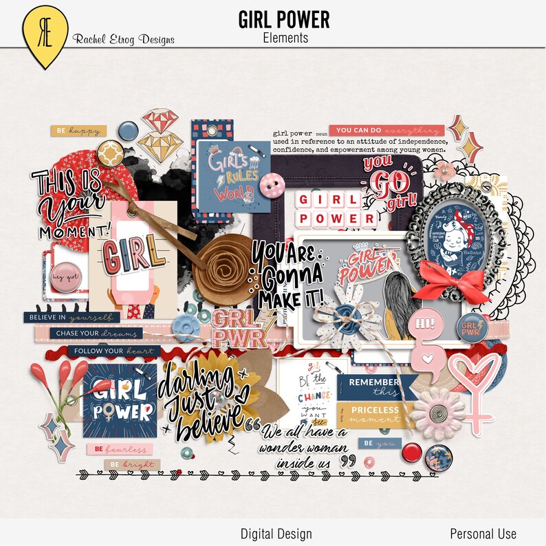 Girl Power Digital Scrapbooking Kit, Printable Girl Power Paper Pack ...