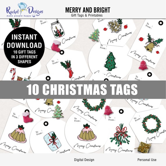 Merry & Bright Printable Christmas Gift Tags Digital | Etsy