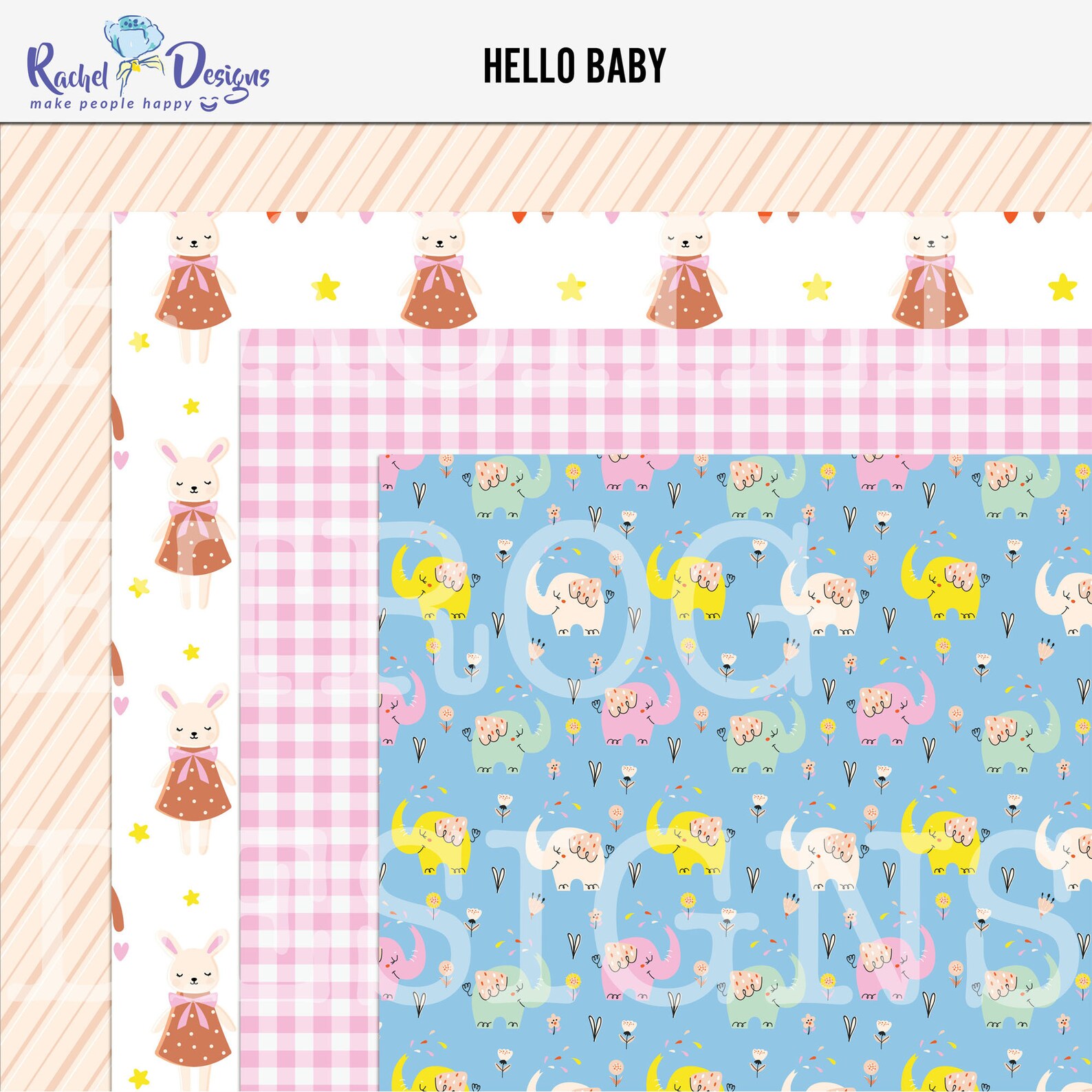 Hello Baby Printable Digital Paper Pack, Baby Digital Craft Scrapbook ...