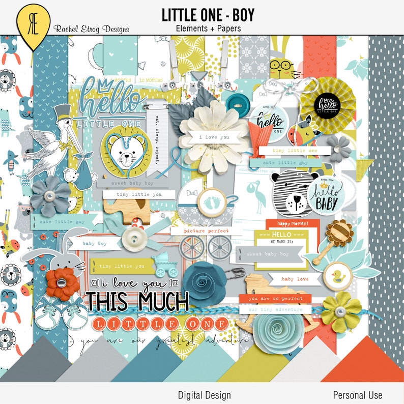 Little One Boy Digital Scrapbooking Kit, Baby Boy Mixed Media Digital ...