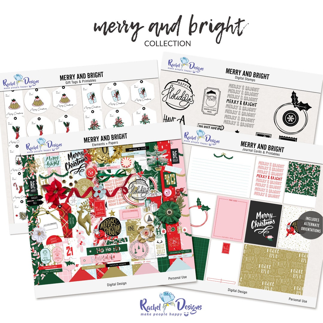 Merry & Bright Digital Scrapbook Collection, Christmas Digital Elements ...