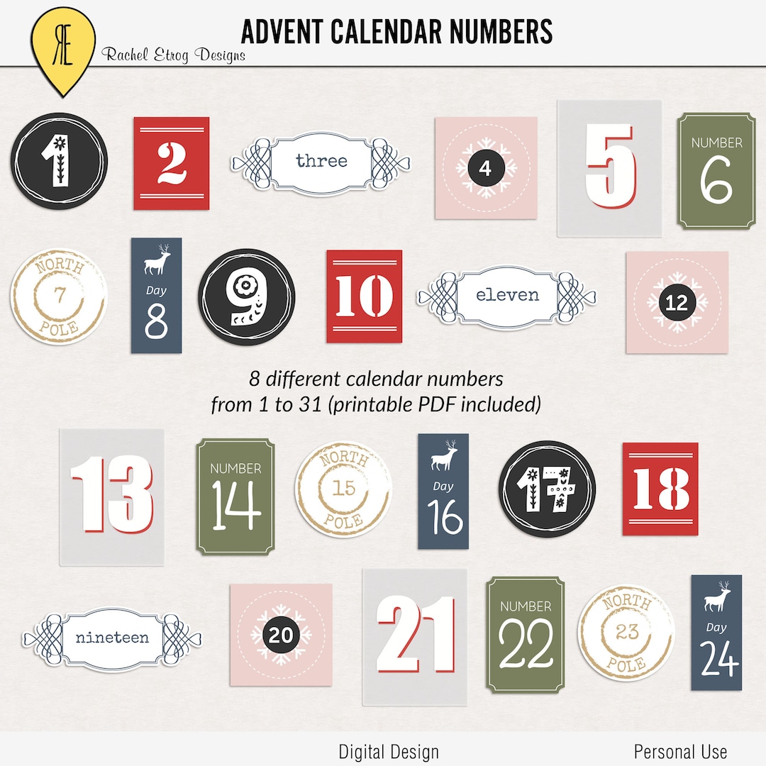Printable Advent Calendar Numbers, Digital Christmas Countdown Stickers ...