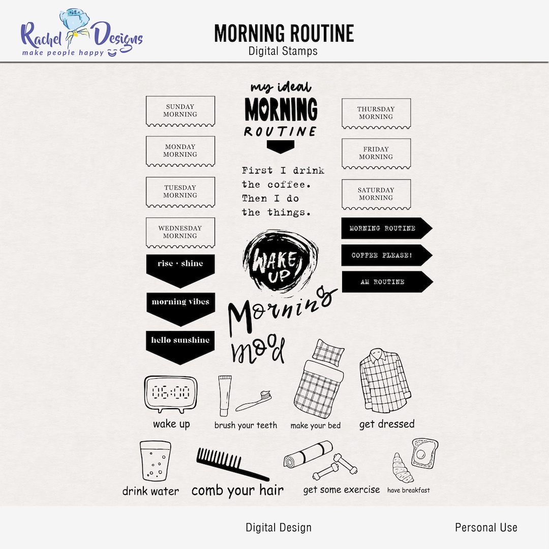 Morning Routine Digital Stamps and Brushes, Digital Craft Stamps ...