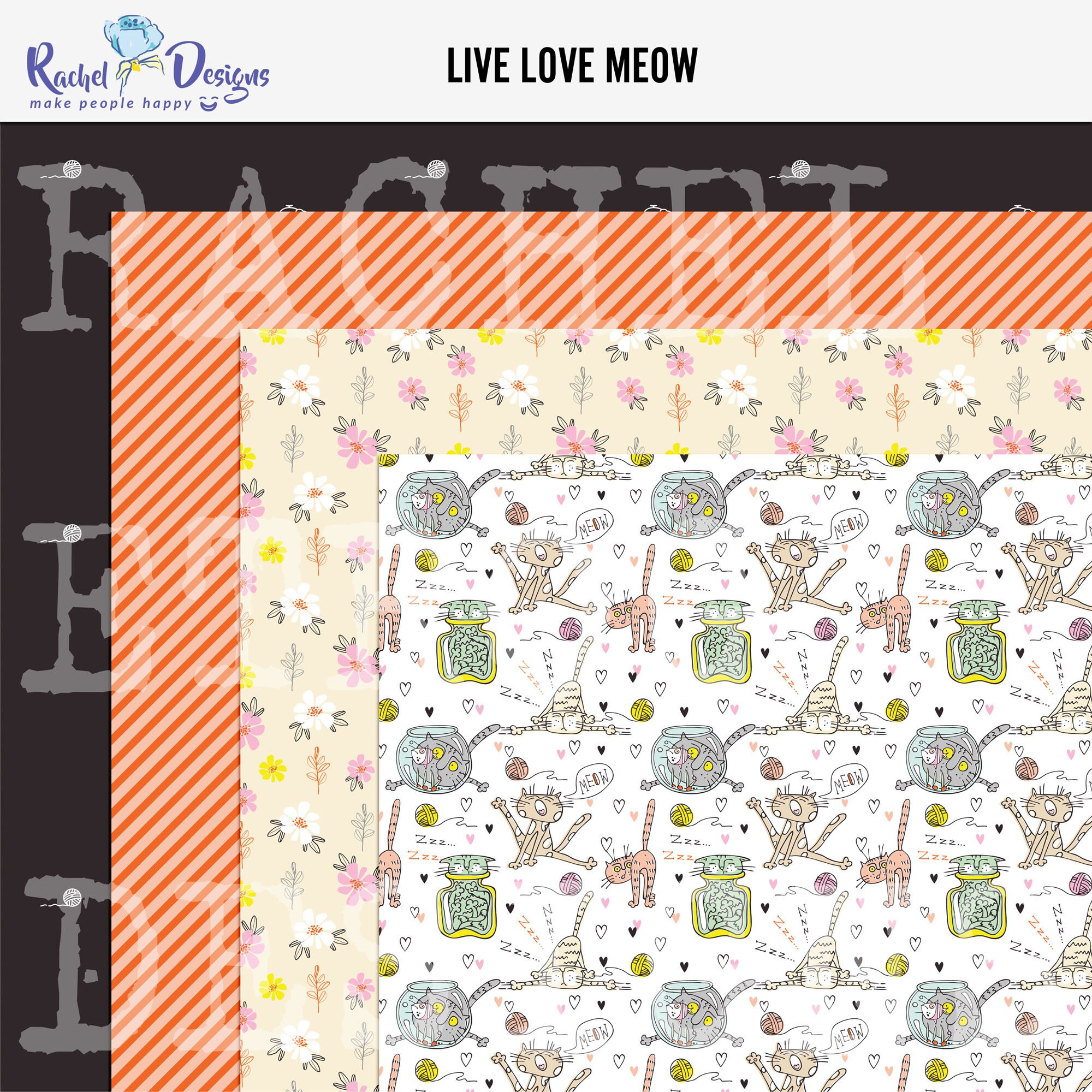 Live Love Meow Digital Paper Pack, Cats Digital Craft Papers, Digital ...