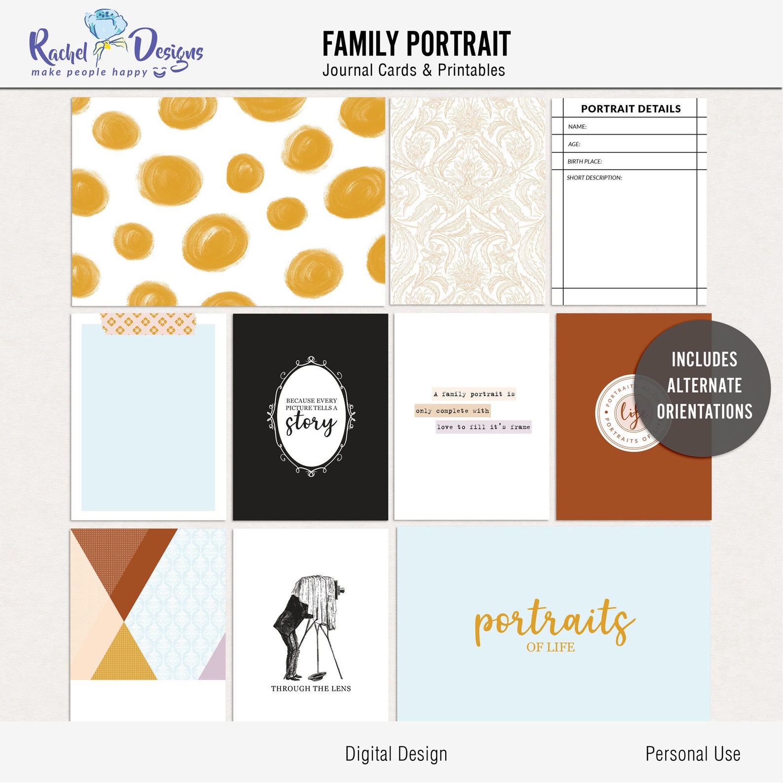 Family Portrait Digital Journal Cards, Printable Family Project Life ...