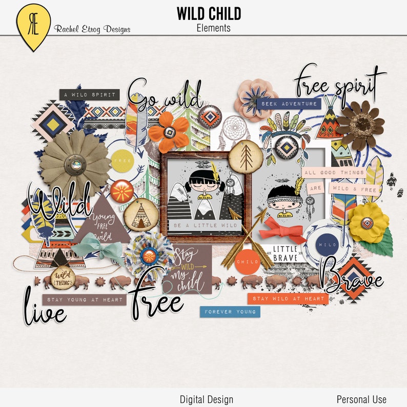 Wild Child Digital Scrapbooking Kit, Boho Wrapping Papers, Wild Child ...