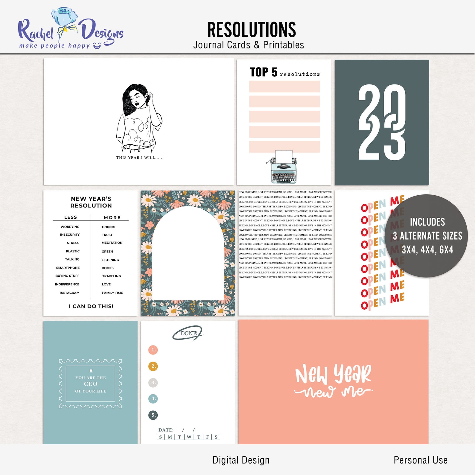 Resolutions Printable Journal Cards, Digital New Year Pocket Cards ...
