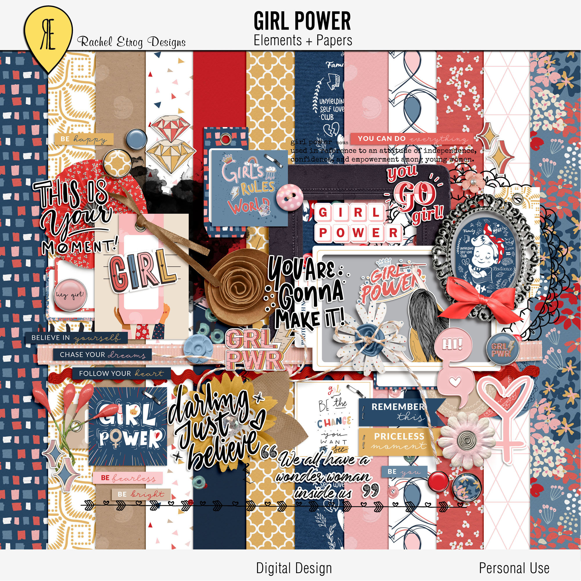 Girl Power Digital Scrapbooking Kit, Printable Girl Power Paper Pack ...