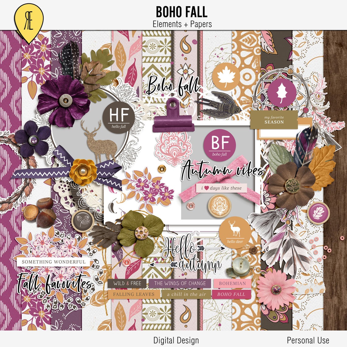 Boho Fall Digital Scrapbooking Kit, Autumn Embellishments, Bohemian ...