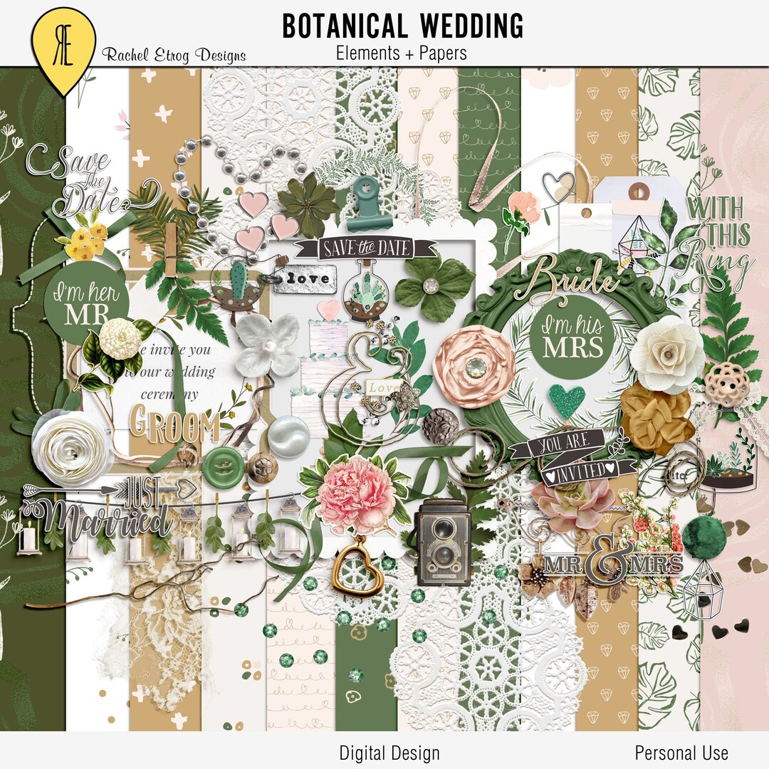 Digital Scrapbooking Botanical Wedding, Digital Wedding Elements ...