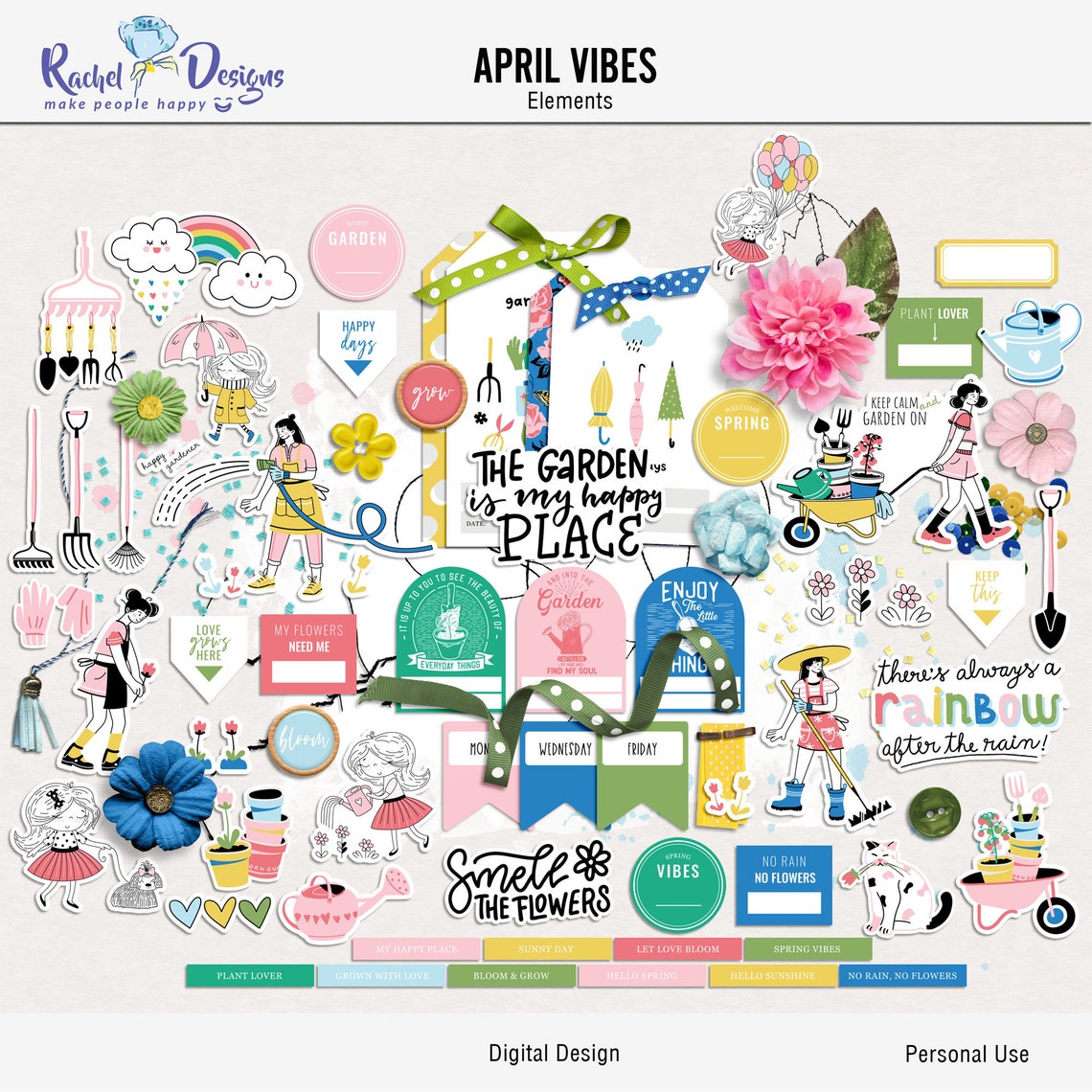 April Vibes Digital Scrapbooking Elements, Spring Printable Elements ...