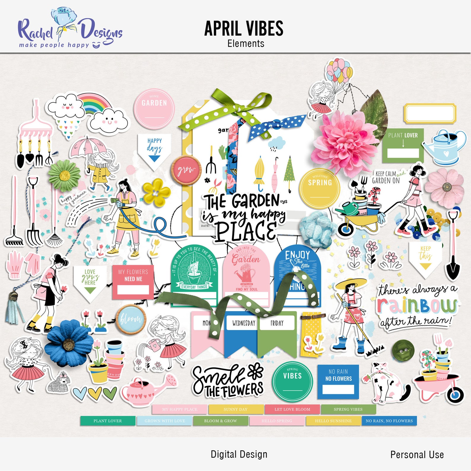 April Vibes Digital Scrapbooking Elements, Spring Printable Elements ...