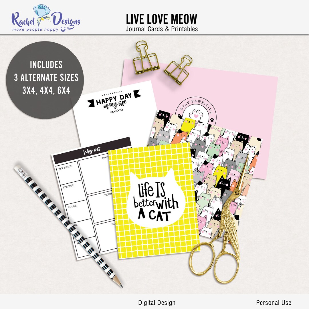 Live Love Meow Digital Journal Cards, Printable Cats Digital Pocket ...